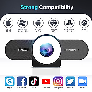 EMEET 1080P Webcam with Microphone - 60FPS Streaming Camera with Light, 3 Level Lights, 2 Noise-Cancelling Mics, C970L Computer Camera with Privacy Mode, Autofocus HD Webcam for Meeting/Gaming/Class