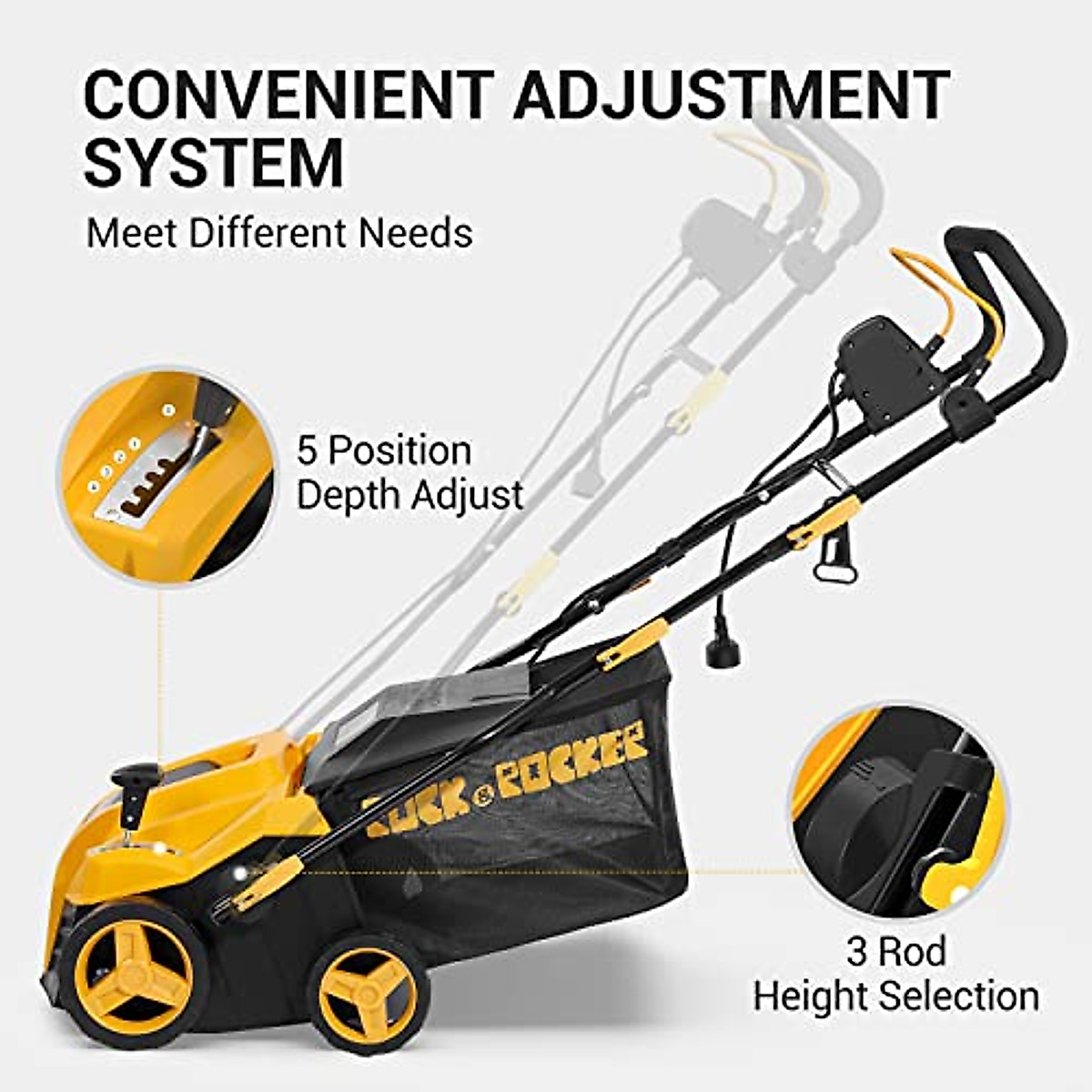 Rock&Rocker 2-in-1 16INCH Dethatcher Scarifier, 15 Amp Electric Lawn Dethatcher, 5 Working Depth Adjust, 48.4QT Removable Collection Bag, for Lawn Health, Yellow (REDM16A)