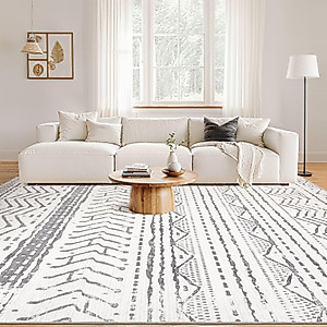 Area Rugs 8x10 Living Room: Washable Boho Large Neutral Soft Farmhouse Rug Stain Resistant Modern Geometric Non Slip Indoor Floor Carpet for Bedroom Nursery Kids Playroom Office- Gray White