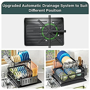 Dish Drying Rack, Detachable 2 Tier Dish Rack and Drainboard Set, Large Capacity Dish Drainer Organizer Shelf with Utensil Holder, Cup Rack, Extra Drying Mat for Kitchen Counter, Black