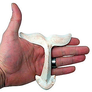 Rustic White Cast Iron Whale Tail Wall Hooks, 4 1/2 Inches, Set of 3