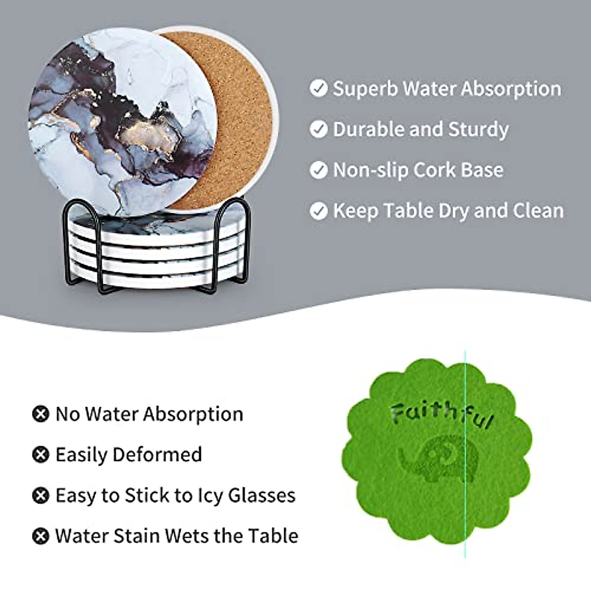 Coasters with Holder, Absorbent Coasters by DSNDVES, Set of 6 Ceramic Coasters, Marble Style Drink Coasters with Cork Base, Bar Coasters, Round Stone Coasters for Table Protection Black