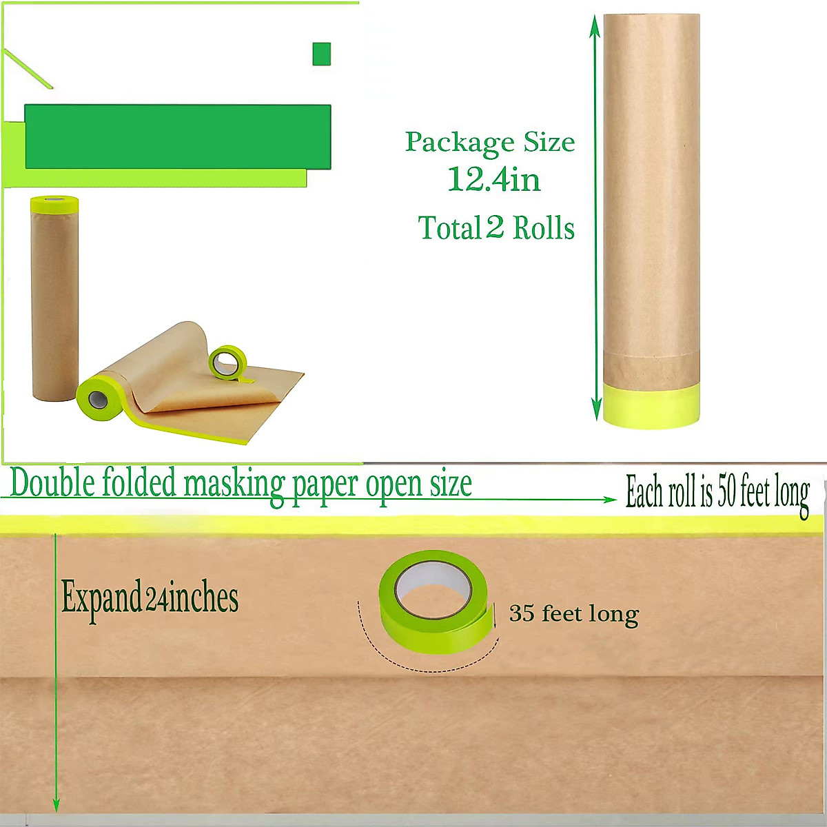 Pre-Taped Masking Paper-24 inch x 50 feet Tape and Drape Painters Paper,Automotive Paint Masking Paper,Masking Paper for Painting Cars and Auto Body,Floor Protection,Wall Covering (2, 24inchx50feet)