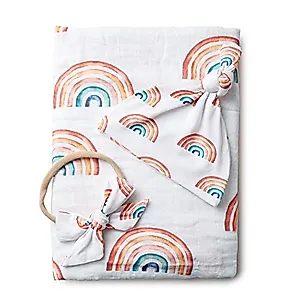 Miaoberry Organic Muslin Baby Swaddle Blanket and Hat Set Newborn Unisex Neutral Boy Girl| Boho Rainbow |Photo Props Birth Announcement Card