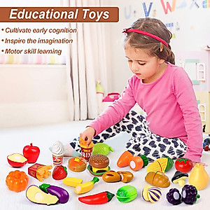 FLY2SKY 60 Pcs Play Food Toys for Kids Kitchen Pretend Play Accessories Cutting Toys Fruits Food Cake Play Set Christmas Birthday Gifts for Girls Boys Toddlers Learning Toys with Storage Bag