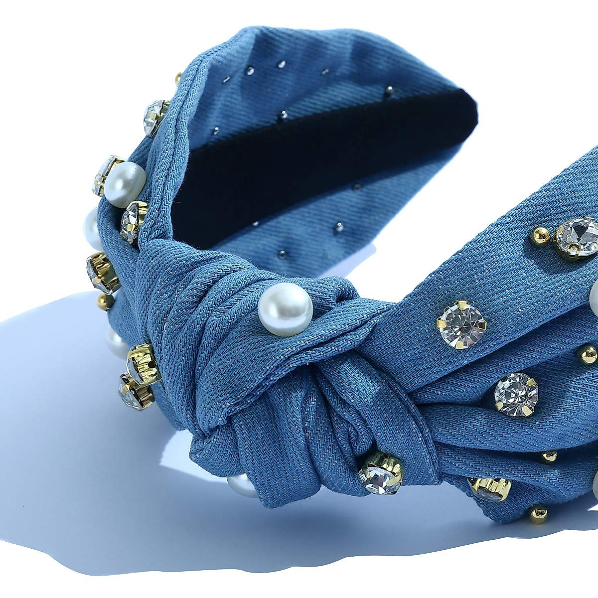FEDANS Pearly Crystal Knotted Women Headband Luxury Jeweled Embellished Denim Blue Hairband Fashion Elegant Ladies Hair Band in Summer Spring