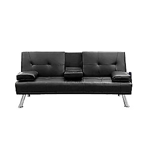 ATY Futon Sofa Bed, Convertible Folding Lounge Couch with 2 Cup Holders, Removable Soft Armrests and Sturdy Metal Legs, Faux Leather Furniture, for Bedroom, Meetingroom, Guestroom, Black