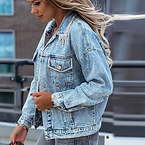Women's Jean Jacket Rhinestone Tassel Denim Jackets Fashion Diamond Crystal Fringe Button Cropped Trucker Jackets