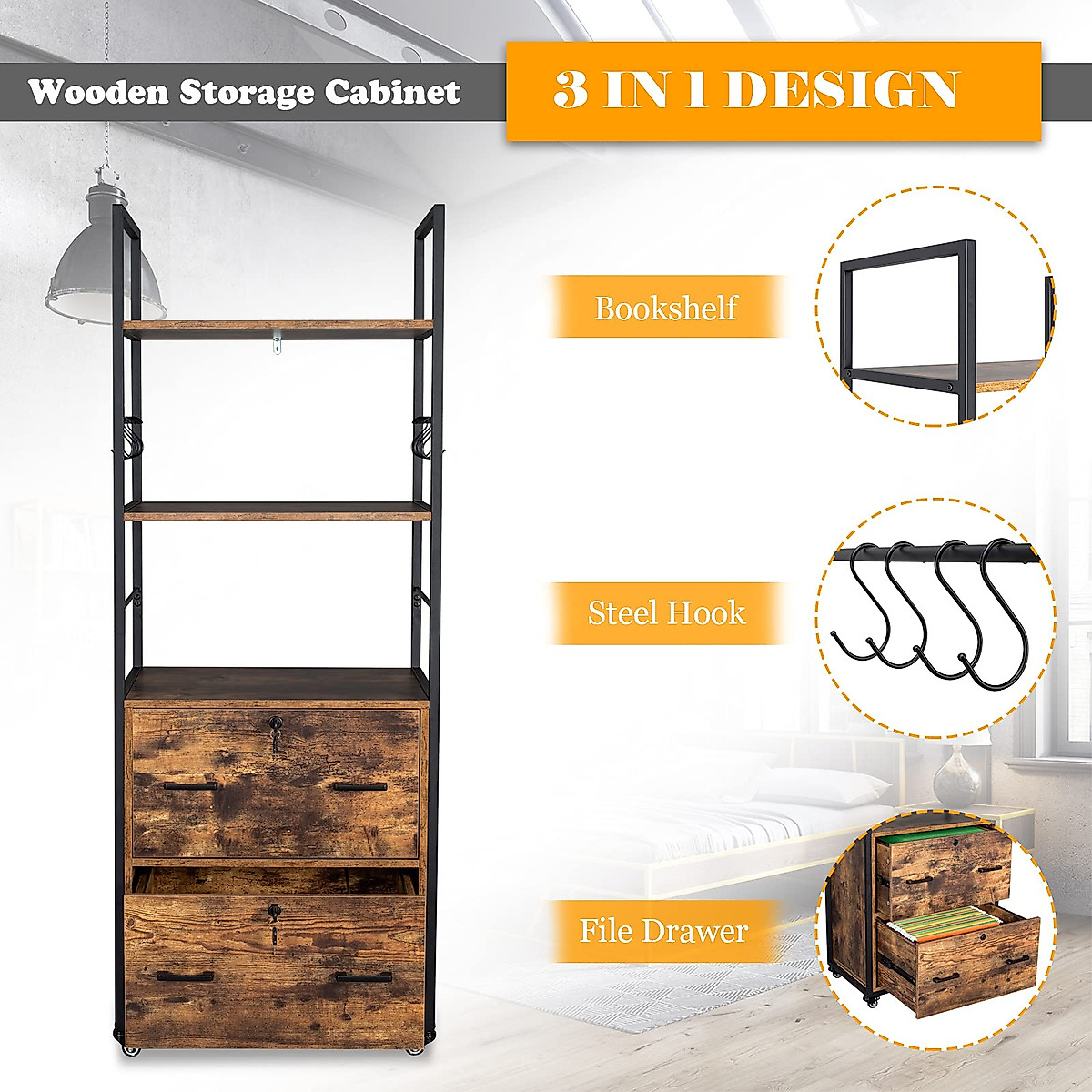 VINGLI 2 Drawer Veritical File Cabinet with Open Shelves and Wheels, Wooden Filing Cabinet with Lock, Industrial Bookshelf, File Cabinet for Home Office, Letter/Legal Size, Rustic Brown