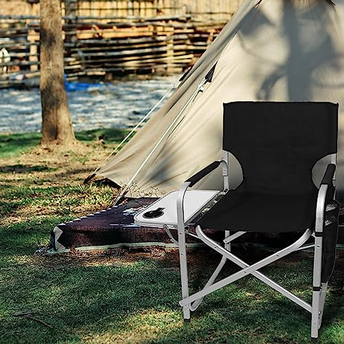 GDGYOFN Directors Chairs Foldable,Oversized Folding Chair with Side Table Cup Holder and Storage Bag, Lightweight Aluminum Outdoor Chairs, 400lbs Capacity Black