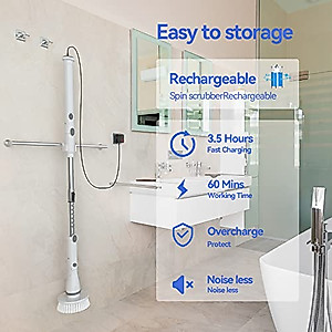 Electric Spin Scrubber,360 Power Scrubber with Long Handle and Cordless,4 Replaceable Brush Heads.Power Cleaning Brush for Bathroom, Tub, Tile, Floor