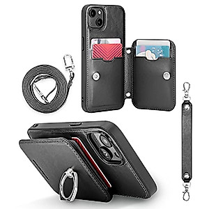 GOOSPERY Rich-Fit iPhone 14 Plus Crossbody Wallet Case for iPhone 14 Plus Case [Strap Included] with Card Holder Lanyard Magnetic Clasp [Kickstand Ring] Heavy Duty Protection, Black
