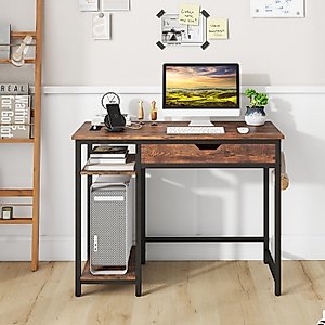 Tangkula Computer Desk with Charging Station, 40” Industrial Home Office Desk with Drawer & Adjustable Shelf, Compact Computer Workstation with CPU Stand & Headphone Hooks, Study Writing Desk