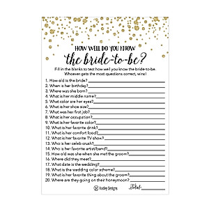 Hadley Designs 25 Black and Gold How Well Do You Know The Bride to be Bridal Wedding Shower or Bachelorette Party Game, Couples Guessing Question Set of Cards Pack, Printed Engagement