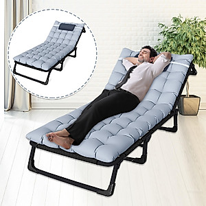 4 Position Reclining Chaise Lounge Chair with Mattress and Pillow for Outside, Folding Camping Cot for Adults, Portable Foldable Sleeping Bed Lounger Outdoor for Patio Yard Lawn Beach Pool Sun Tanning