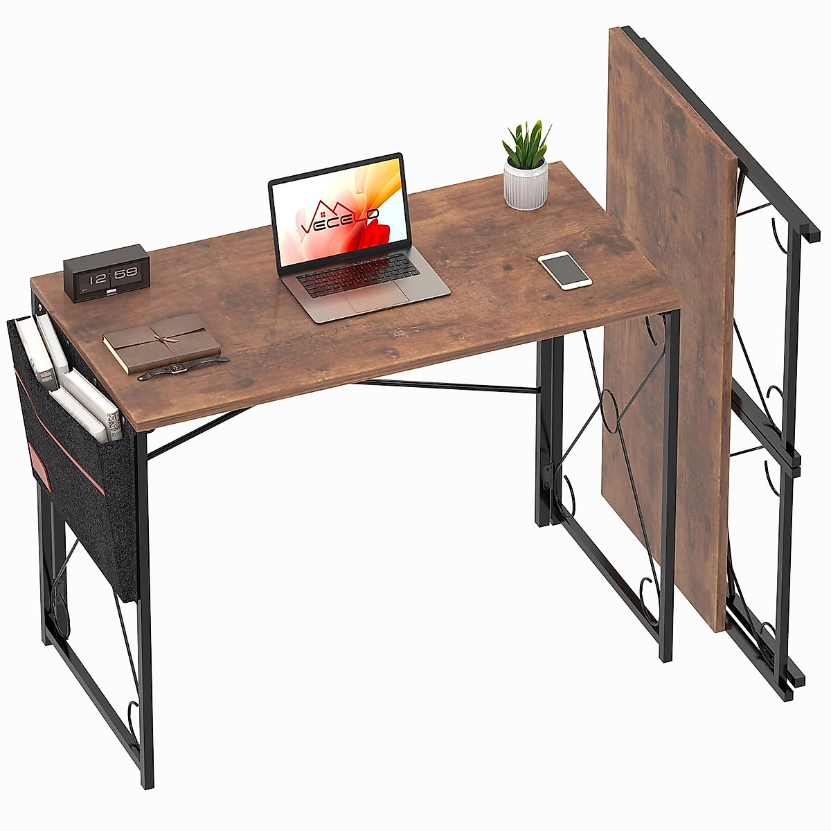 VECELO Folding Desk with Storage Bag 39 Inch Writing Desk Home Office Sturdy Steel Laptop Table for Home Office Work Rustic Brown