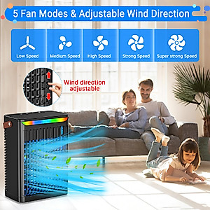 Portable Air Conditioner 5-In-1 AC Evaporative Air Cooler,Mobile Air Cooling Fan with 5 Wind Speeds & 2 Mist,Mini Personal Air Conditioning with Timer & 7 LED lights for Office Desk Bedroom-Black