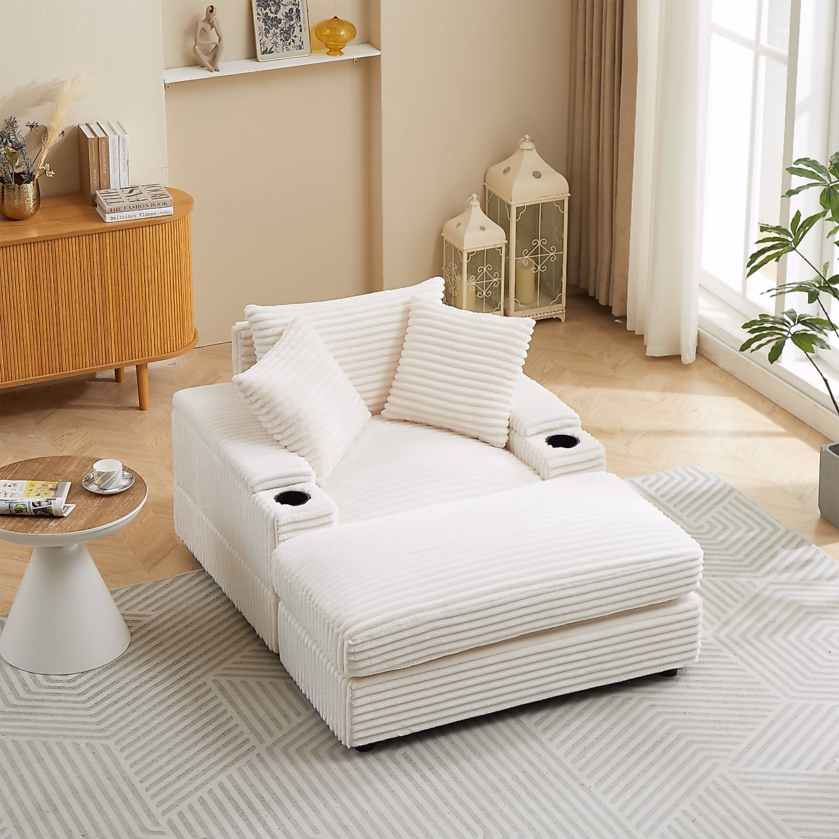 amervanito 43.3 Inch Corduroy Lounge Chair with a Back Pillow, 2 toss Pillows, a Ottoman,2storage Spaces and Cup-Holding Grooves Comfy Sofa- Deep Seat Couch for Living Room,Grey (Beige)