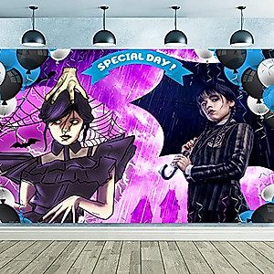 85x60 inches Wednesday Addams Backdrop Birthday Banner Decorations 7x5 ft Family Cartoon Happy Birthday Party Supplies, Special Day Photo Background for Multi Occasions