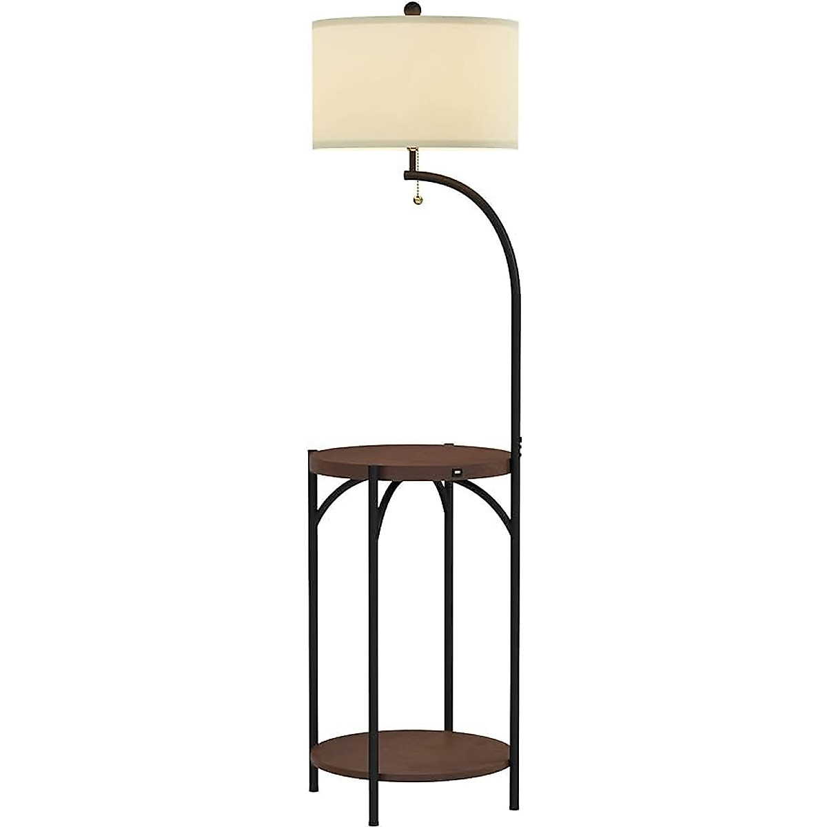 MDYBF Floor Lamp with Table, Modern Rustic Side Table with USB Charging Port, LED Bulb and Drum Shade. (Dark Brown, Black and Off-White)