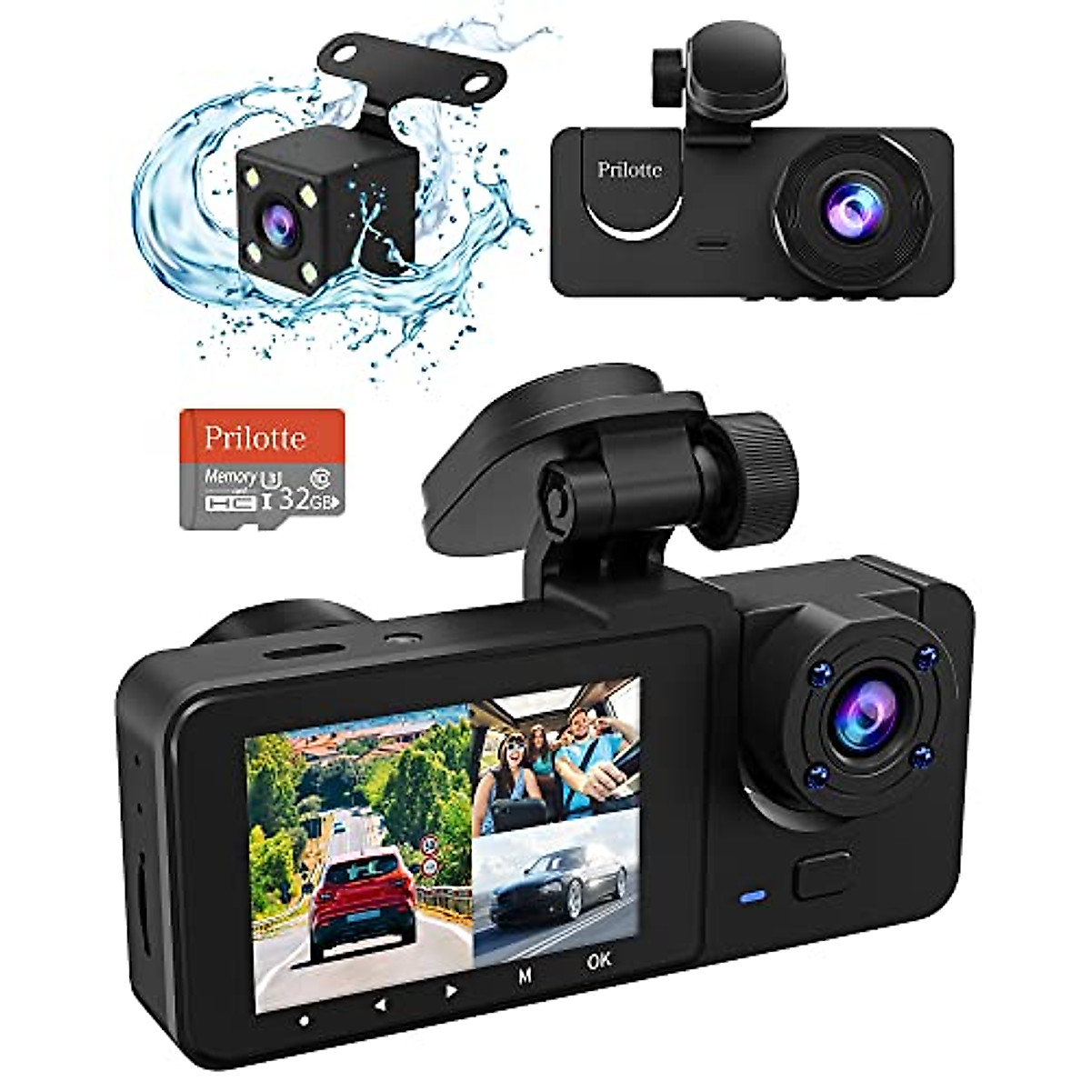 3 Channel Dash Cam Front and Rear Inside,1080P Full HD 170 Deg Wide Angle Dashboard Camera with 32GB SD Card,2.0 inch IPS Screen,Built in IR Night Vision,G-Sensor,Parking Mode,Loop Recording