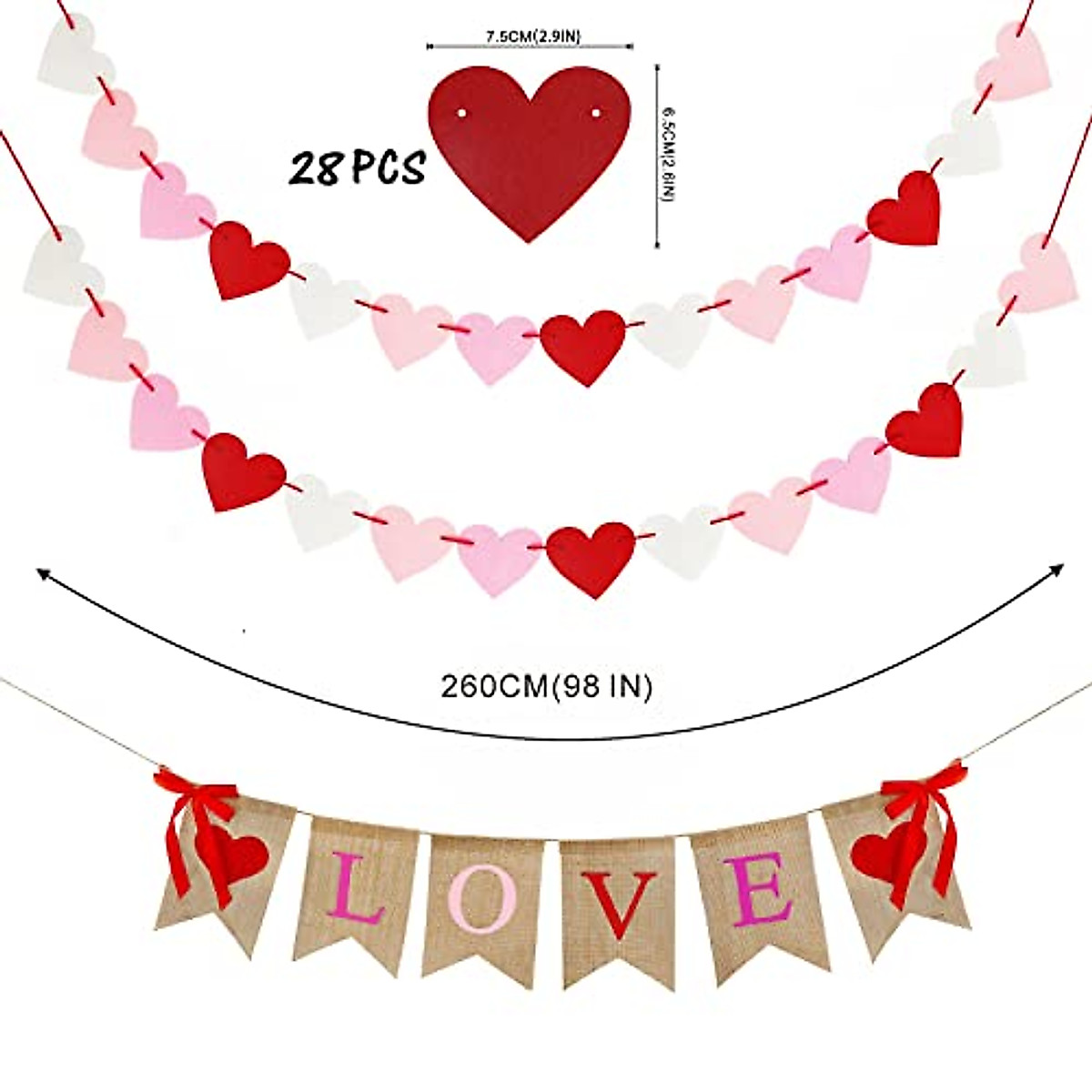 Valentines Day Decor, Love Burlap Banner Valentines Decorations 28 Pcs Felt Heart Garland Banner Hanging Heart Garland Rustic Valentine Décor for Home Mantle Fireplace Wall