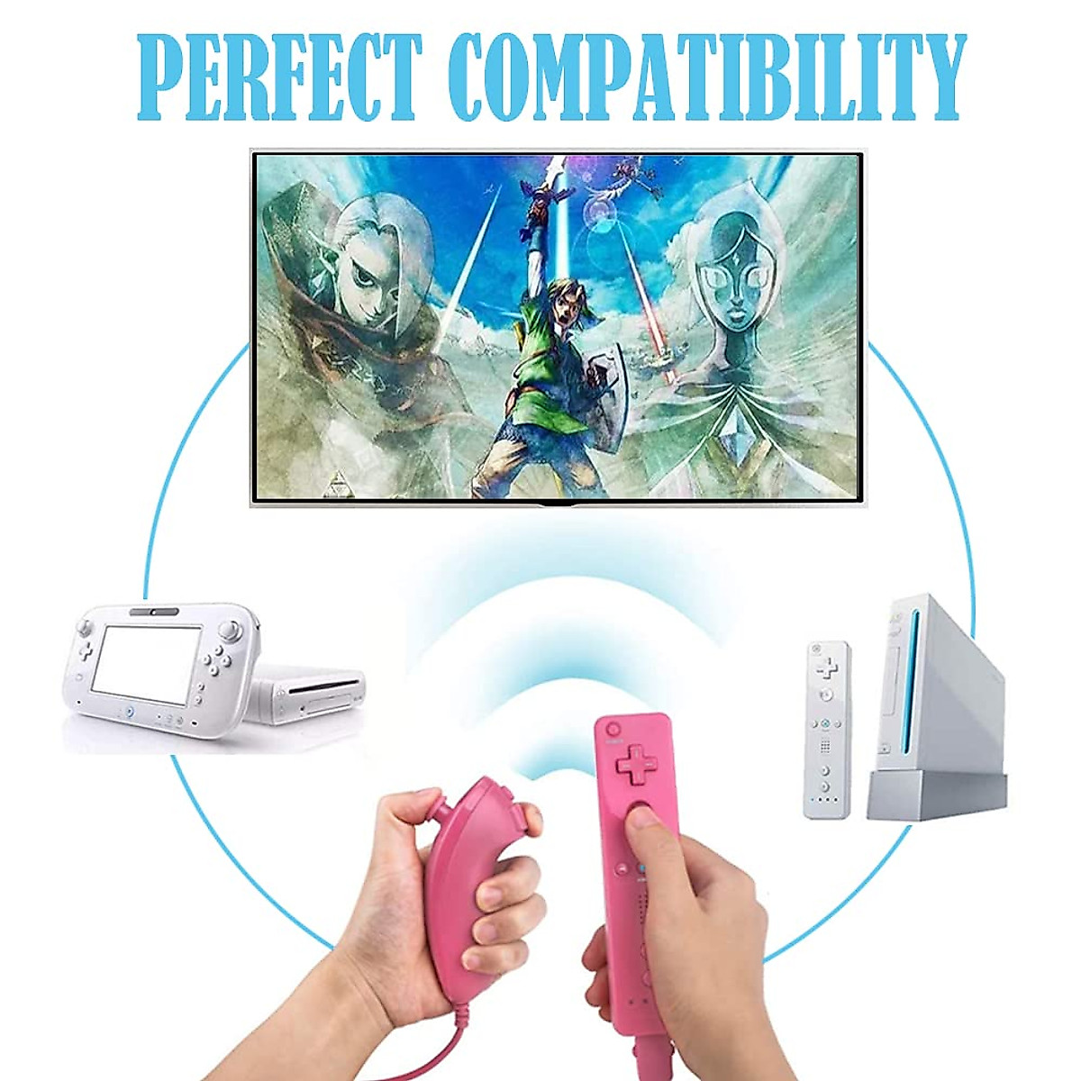 Wii Remote Controller, 2 Packs Upgrade Wii Wireless Controller Compatible with Wii Wii U Console(Pink and Blue)