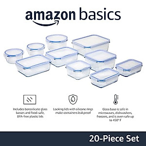 Amazon Basics 20-Piece Glass Food Storage Containers, 10 Count of Bases and Plastic Lids, Transparent, Blue