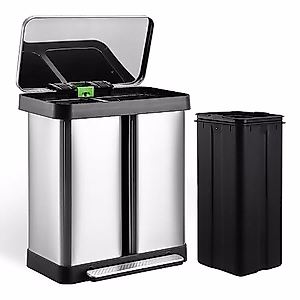 Fashionwu Dual Trash Can, Stainless Steel 8 + 9.5 Gal (30 + 36L) Garbage Can, Steel Pedal Recycle Bin with Lid and Inner Buckets, Rectangular Hands-Free Kitchen Trash Can
