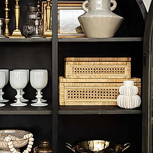 Handwoven Boho Rattan Display Boxes with Glass Lids - Set of 2 Rectangular Decorative Storage Bins - Natural Woven Cane Home Decor Organizers