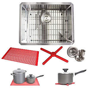 Contempo Living Inc 23-inch Stainless Steel 15mm Radius Single Bowl 16 Gauge Undermount Kitchen Sink Complete Combo Accessories