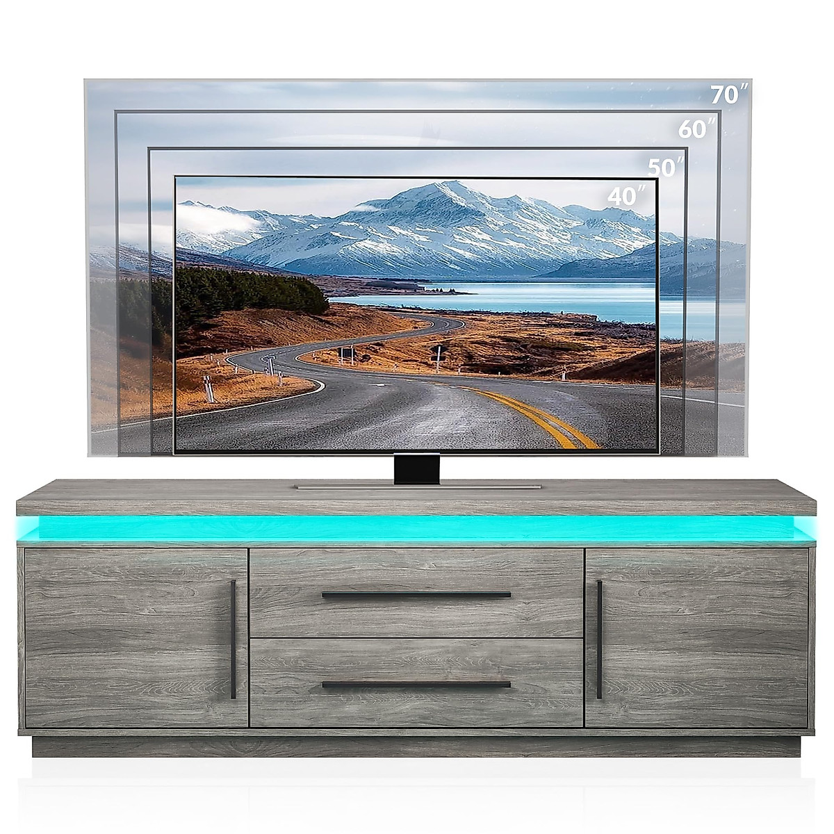 BELLEZE 67" TV Stand for TV up to 75", Modern Entertainment Center with LED Lights Change to Melody of Music, Media Console Table with Cabinets and Drawers for Living Room, Bedroom - Studio (Grey)