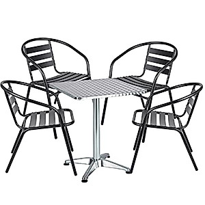 BTEXPERT Indoor Outdoor 23.75" Restaurant Stainless Steel Metal Aluminum Slat Stack Commercial Lightweight, 4 Chairs with a Square Table, Silver/Black