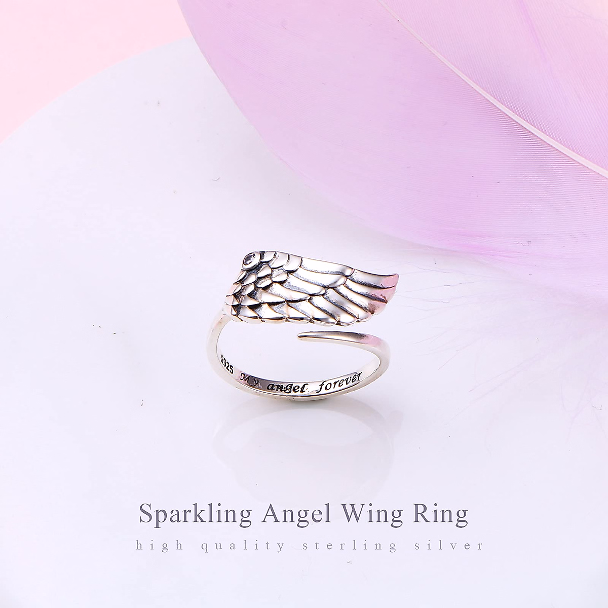 Ladytree Feather Guardian Angel Wings Ring for Women Memorial Sterling Silver Purity Adjustable Open Thumb Rings Jewelry Miscarriage Memory for Mother Mom Daughter Size 7