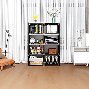 JIUYOTREE 5-Tiers Portable Bookshelf with Fabric Cloth at Back, 8 Cube Closet Storage Organizer Bookcase, Living Room,Study Room,Bedroom, Black