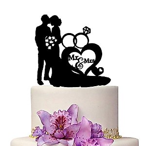 YAMI COCU Mr And Mrs Wedding Cake Toppers Bride and Groom Black Color Heart Acrylic Silhouette Wedding Party Engagement Decoration