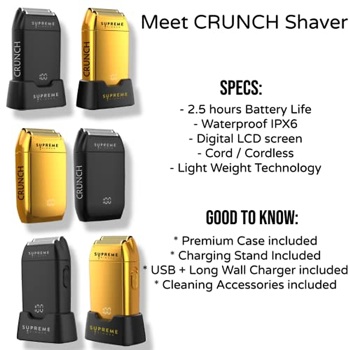 Foil Shaver by SUPREME TRIMMER - STF602 (150 Min Runtime) Wet/Dry Pro Barber Electric Razor Bald Head - Gold Crunch