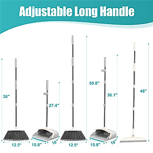 Michao Upgrade Broom and Dustpan Set, Silicone Broom,Long Handle Broom with Upright Standing Dustpan, Squeegee - Broom for Indoor Cleaning 2+1,for Indoor Outdoor,Smooth Floors, Rugs (Grey-White)