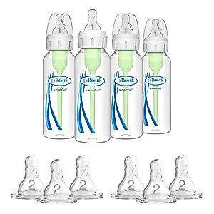 Dr. Brown's Options+ Anti-Colic Baby Bottle - 8oz - 4 Pack and Dr. Brown's Original Nipple, Level 2 (3m+), 6 Count