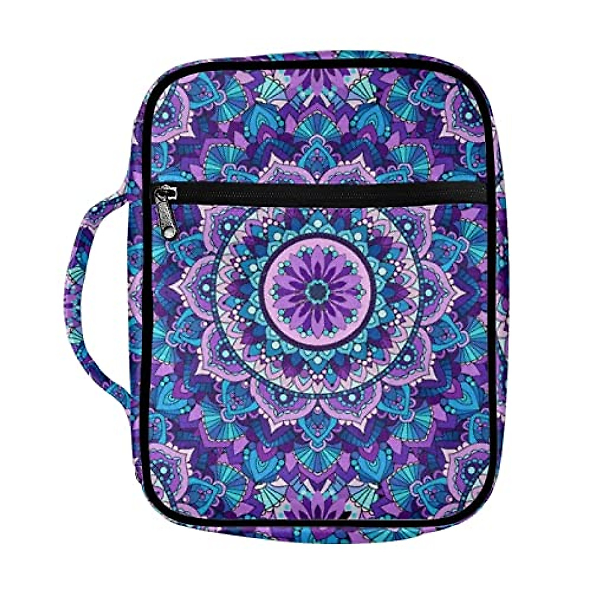 Gomyblomy Purple Mandala Bohemian Ethnic Flower Print Bible Case for Women, Girls, Large Size Carrying Bible Case, Church Study Scripture Pouch Bible Book Cover with Handle and Zipper Pocket