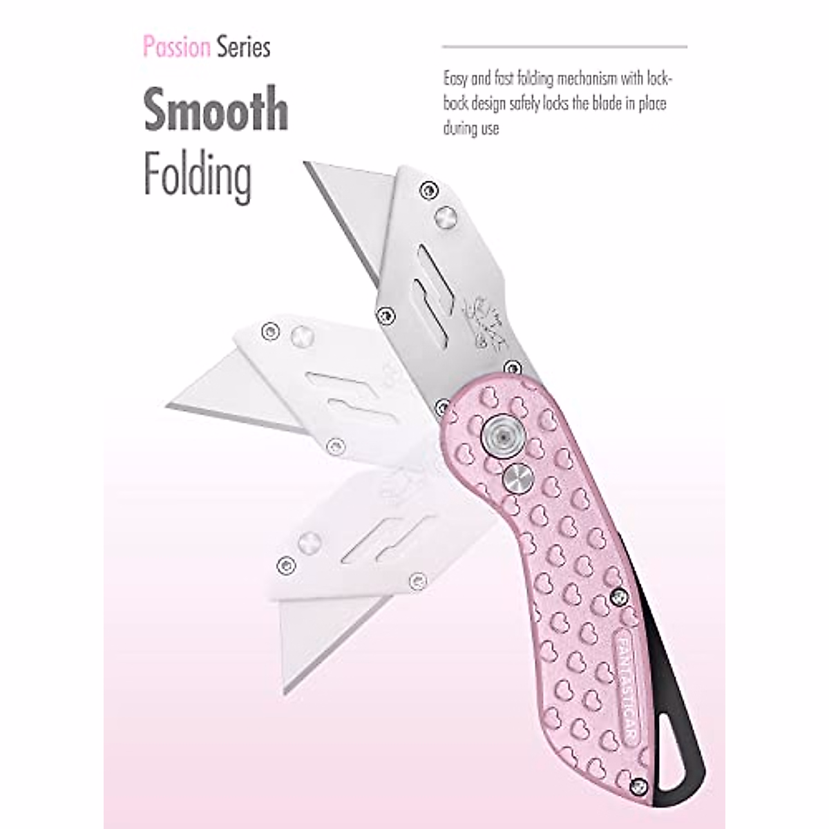 FantastiCAR Box Cutter Folding Utility Knife, Unique Metal Body, Safety Lock Button and Quick Blade Change, with Extra 5 Sharp Blades (Pink-Hearts)