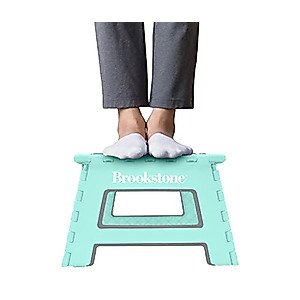 Brookstone BKH1101 9” Folding Step Stool, Non-Slip Textured Grip Surface, Foldable Space Saving Design, Carrying Handle, Holds Up to 300 Pounds, Mint