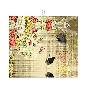 Flowers Butterfly Printed Drying Mat For Kitchen Ultra Absorbent Microfiber Dishes Drainer Mats Non-Slip Silicone Quick Dry Pad - 18 X 16inch
