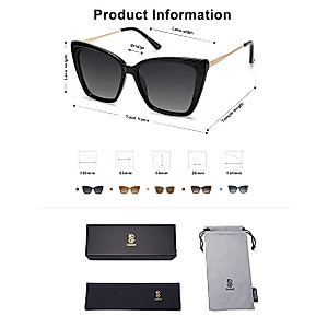 SOJOS Trendy Polarized Sunglasses For Women Retro Womens Oversized Square Cat Eye Sun Glasses UV Protection SJ2206 Black Frame Grey Lens