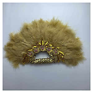 GEM DRILL Big Size Design African Orange Feather Fan Ladies Wedding Feather Fan for Bride Double Side Feather Nigerian Flower Handfan (Color : Gold, Fan Size : 32cmx55cm)