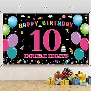 HTDZZI 10th Birthday Decorations for Girl, Happy 10th Birthday Backdrop Banner, Double Digits 10 Year Old Birthday Party Yard Sign Photo Booth Props Poster Decor Supplies, Fabric, 6.1ft x 3.6ft
