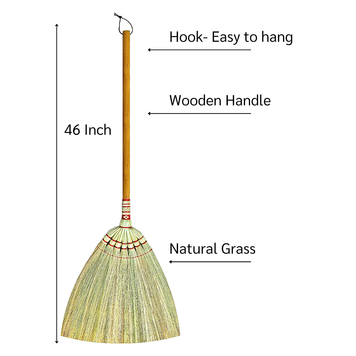Asian Broom 46 inch - Straw Soft Broom - Long Handle Broomstick for Cleaning, Decoration, Wedding-Natural Whisk Broom for House, Garage, Office,Kitchen - Indoor Grass Broom