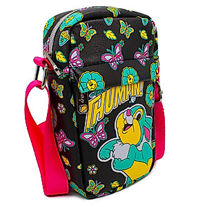 Disney Bag, Cross Body, Bambi Thumper Thumpin Retro Pose Floral Collage, Black, Vegan Leather