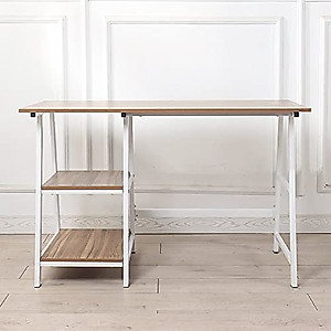 Trestle Desk with 2 Shelves, Soges 47 inches Reversible Storage Desk, Home Office Computer Desk Workstation, Wooden School Desks for Teachers Students, Middle Shelf Removable for CPU Storage