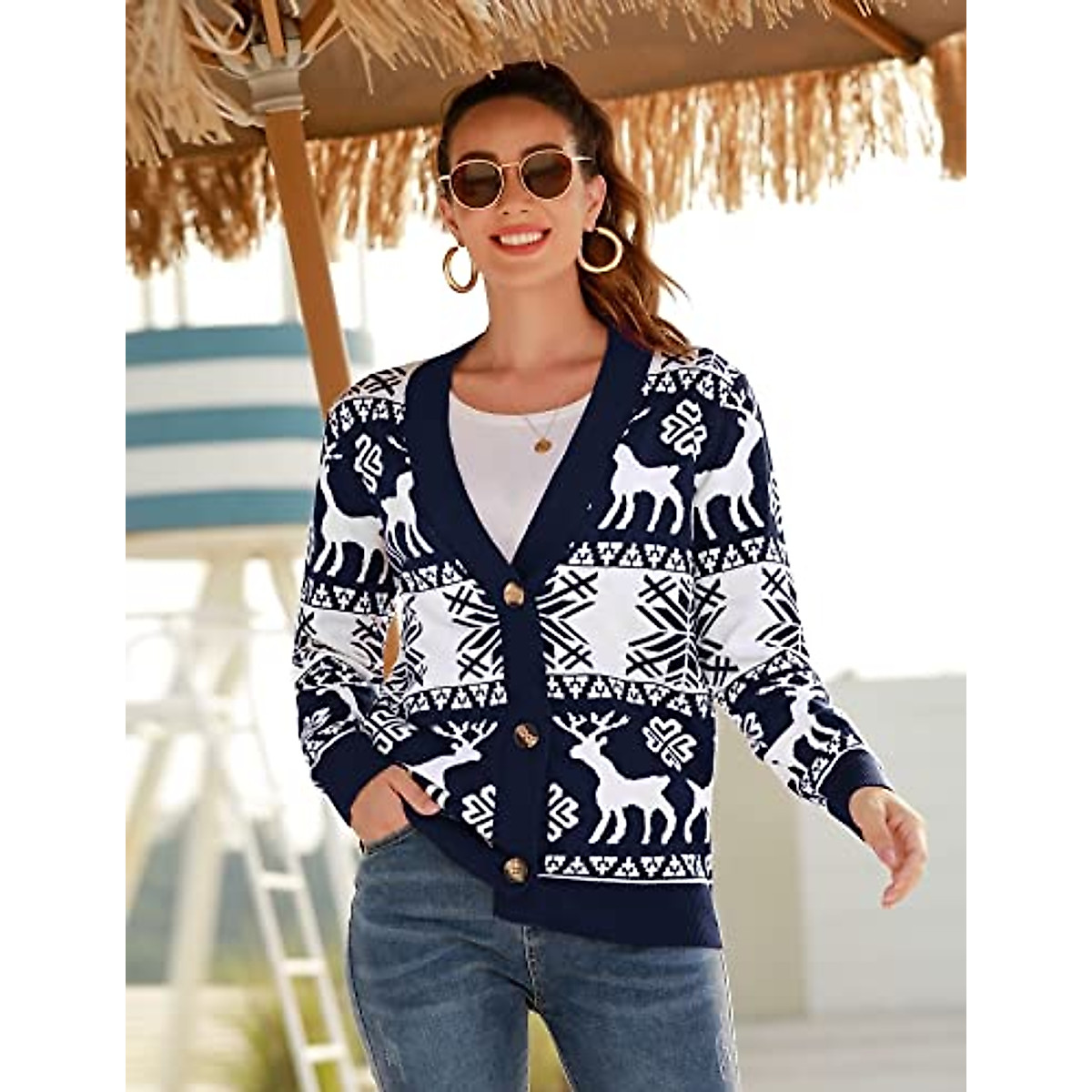 Cowasto Women's Reindeer Knitted Christmas Cardigan Sweater Comfy Button Up Casual Open Front Festive Sweaters Navy Blue X-Large